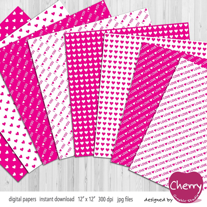 Hot Pink and White Love Digital Paper, Love Pattern, Love & Heart Paper ...