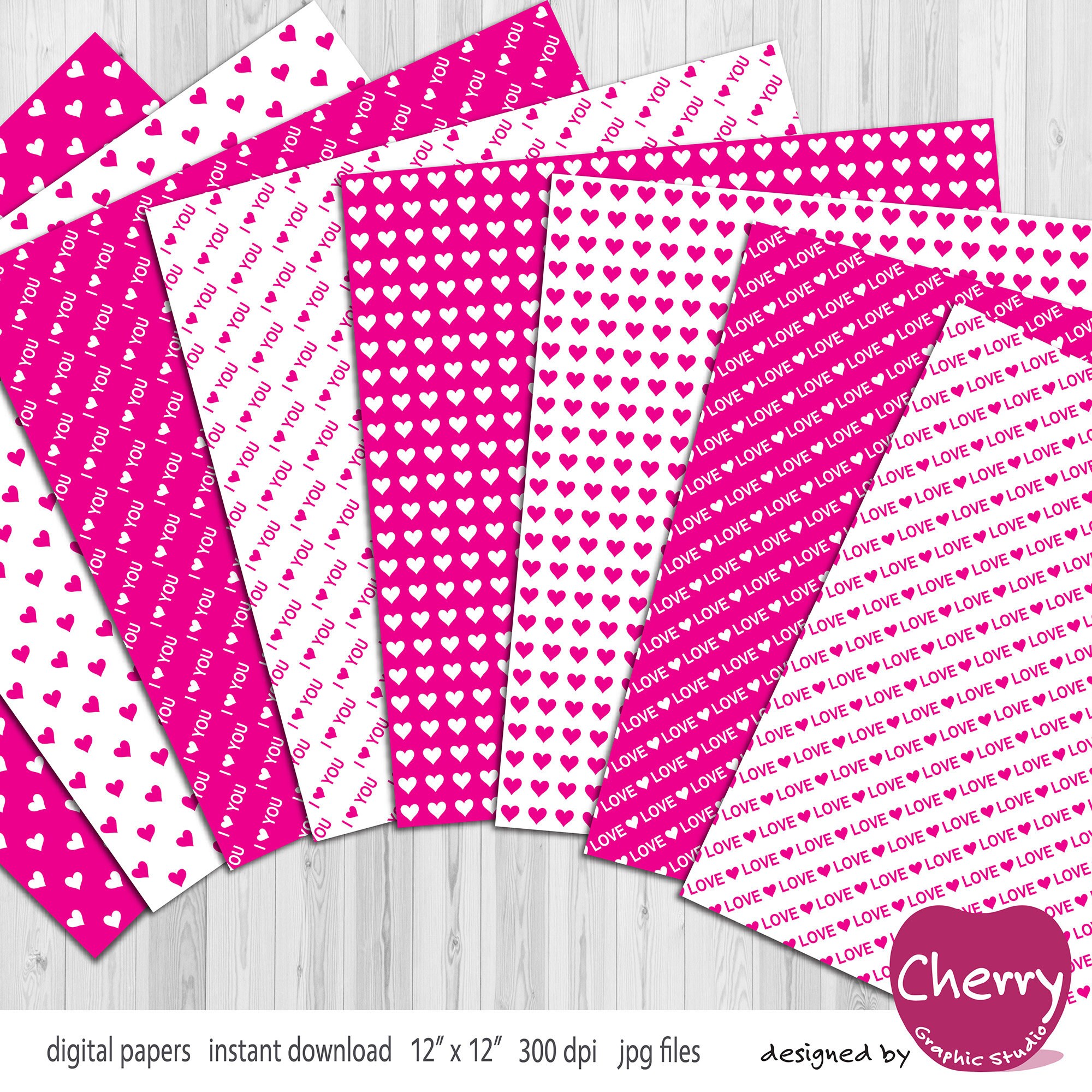 Hot Pink and White Love Digital Paper, Love Pattern, Love & Heart Paper ...