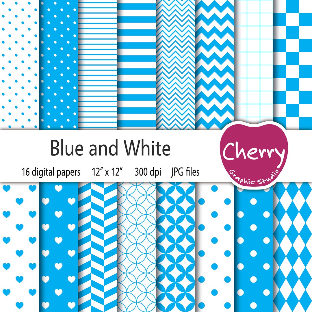 Blue and White Digital Paper, Blue Pattern, Blue Paper Pack, Scrapbook ...