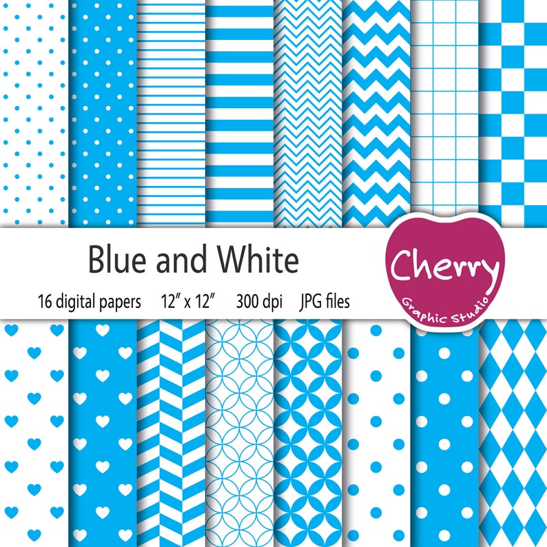 Blue and White Digital Paper, Blue Pattern, Blue Paper Pack, Scrapbook ...