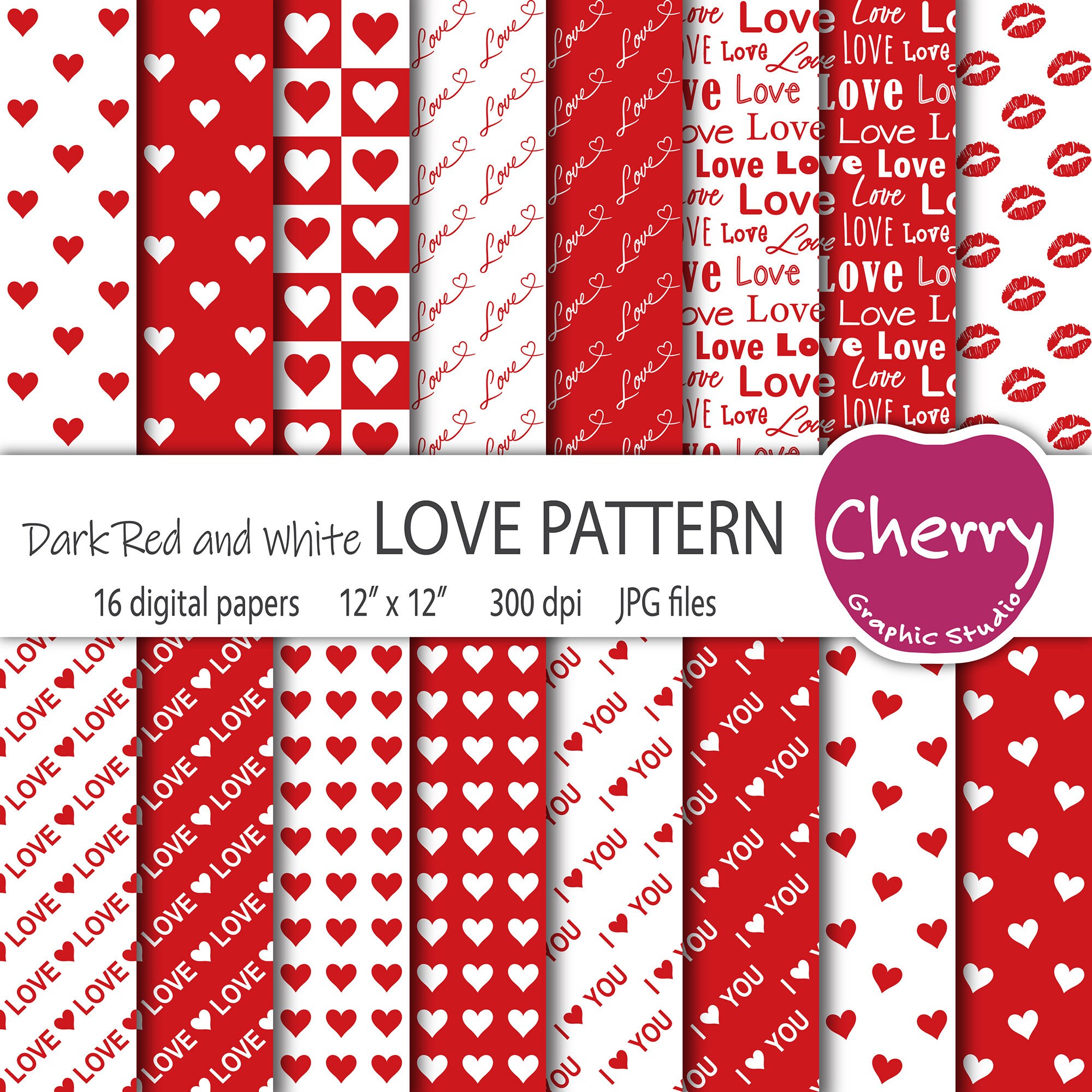 Dark Red and White Love Digital Paper, Love Pattern, Love & Heart Paper ...