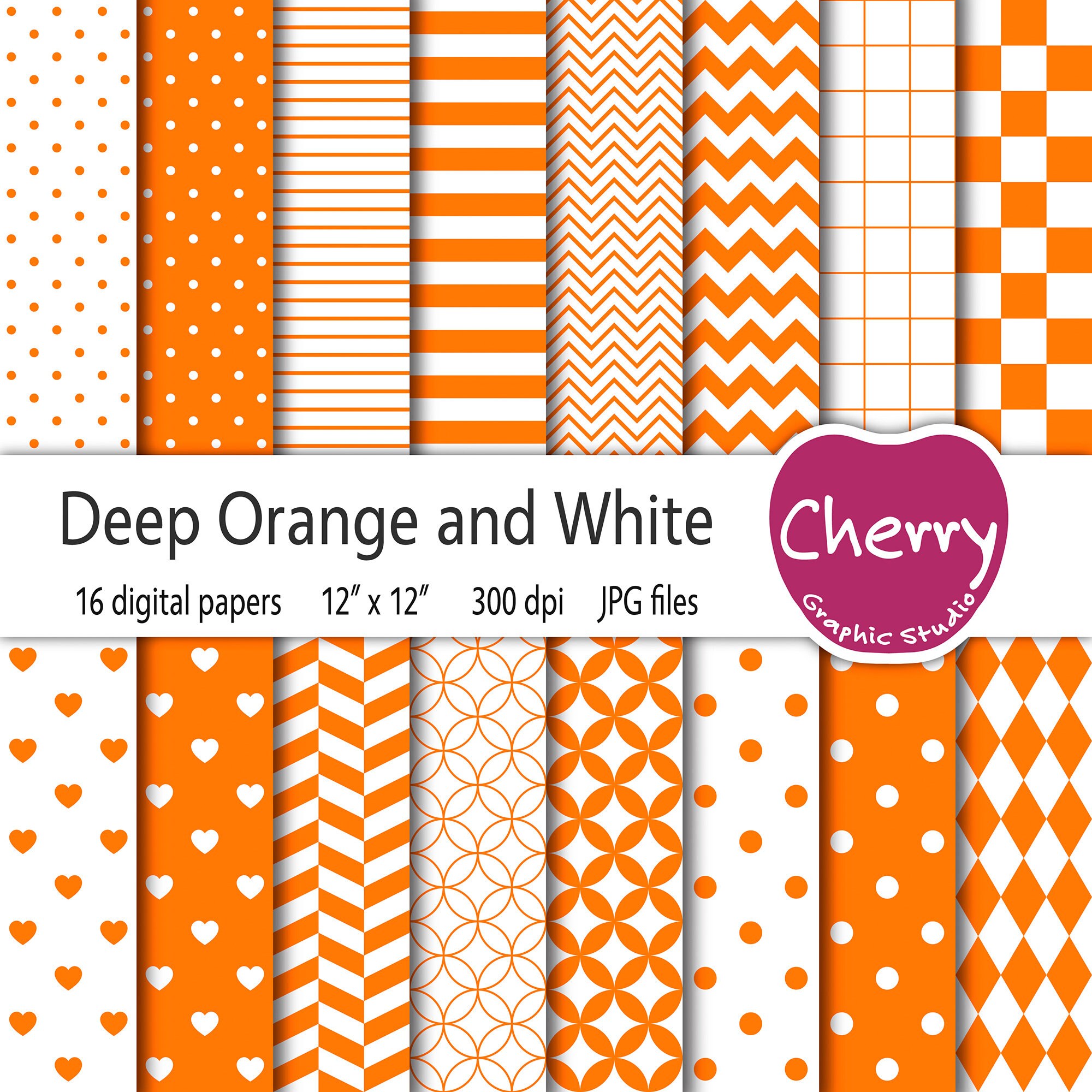 Deep Orange and White Digital Paper, Orange Pattern, Orange Digital ...
