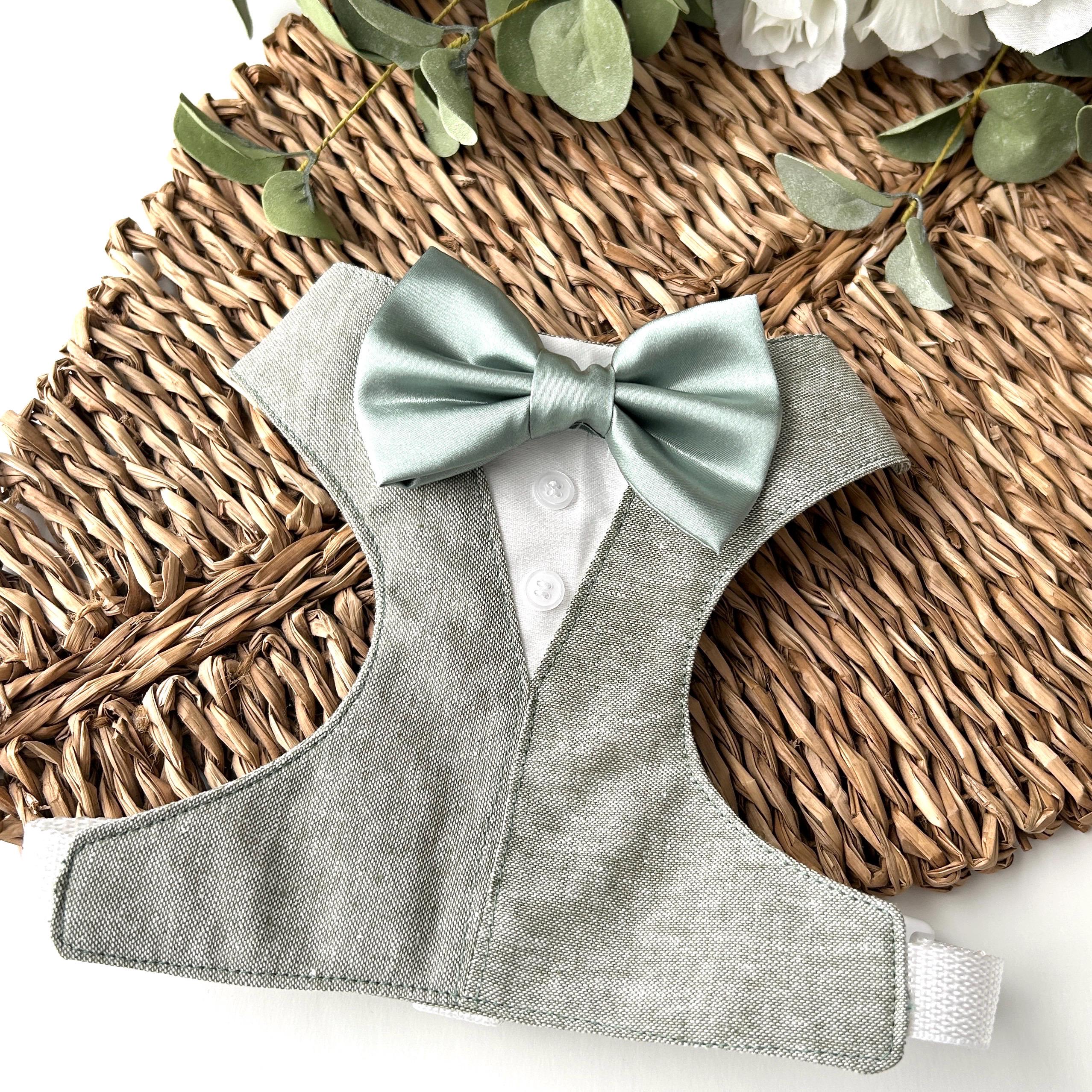 Sage Linen Dog Tuxedo Harness: Custom Wedding Attire With Satin Bow Tie ...