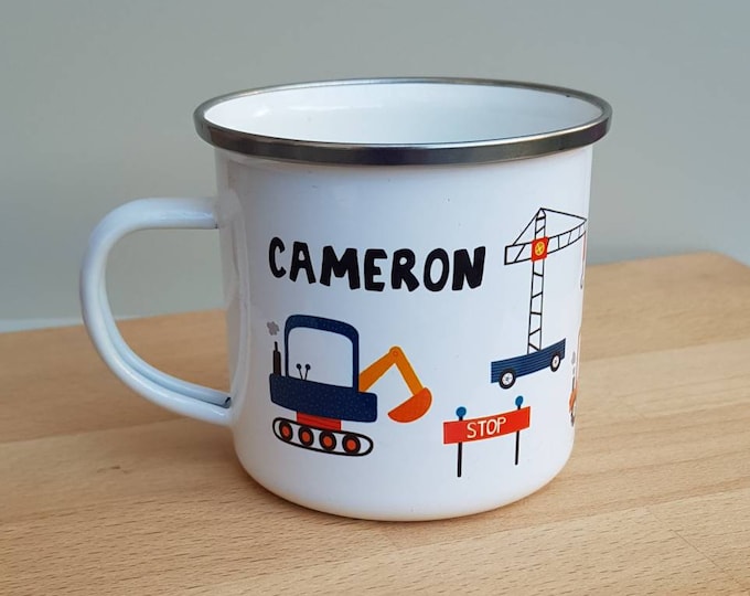 MUG Diggers and Trucks Children's Enamel Metal Tin Cup PERSONALISED ...