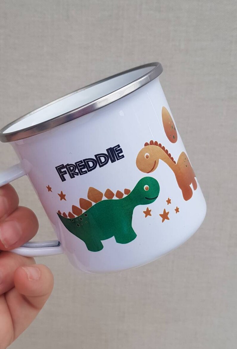MUG Children's Enamel Metal Tin Cup - PERSONALISED Dinosaurs - GIFT for ...