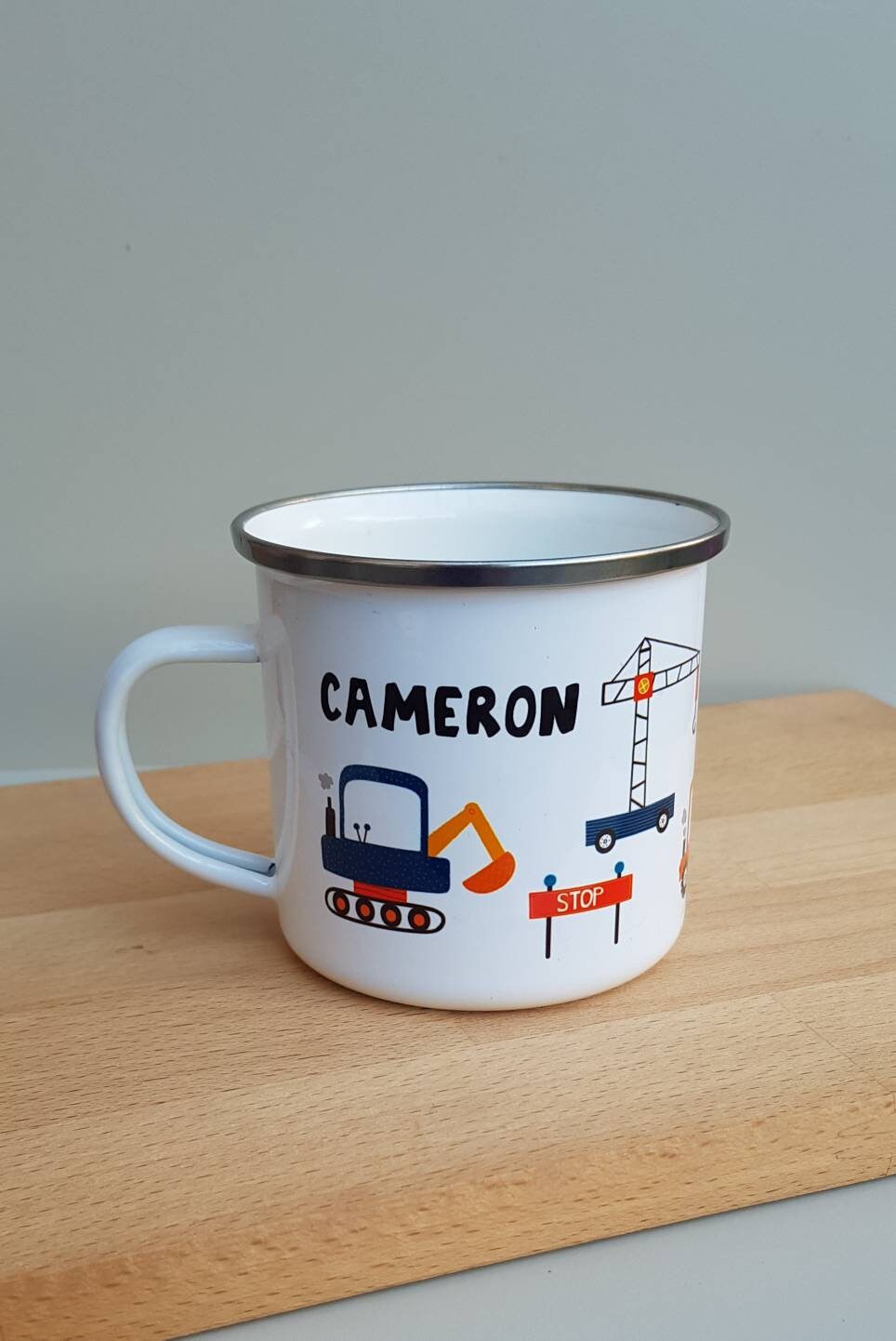 MUG Diggers and Trucks Children's Enamel Metal Tin Cup - PERSONALISED ...