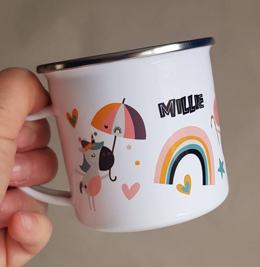 MUG Children's Enamel Metal Tin Cup - PERSONALISED Rainbows and ...