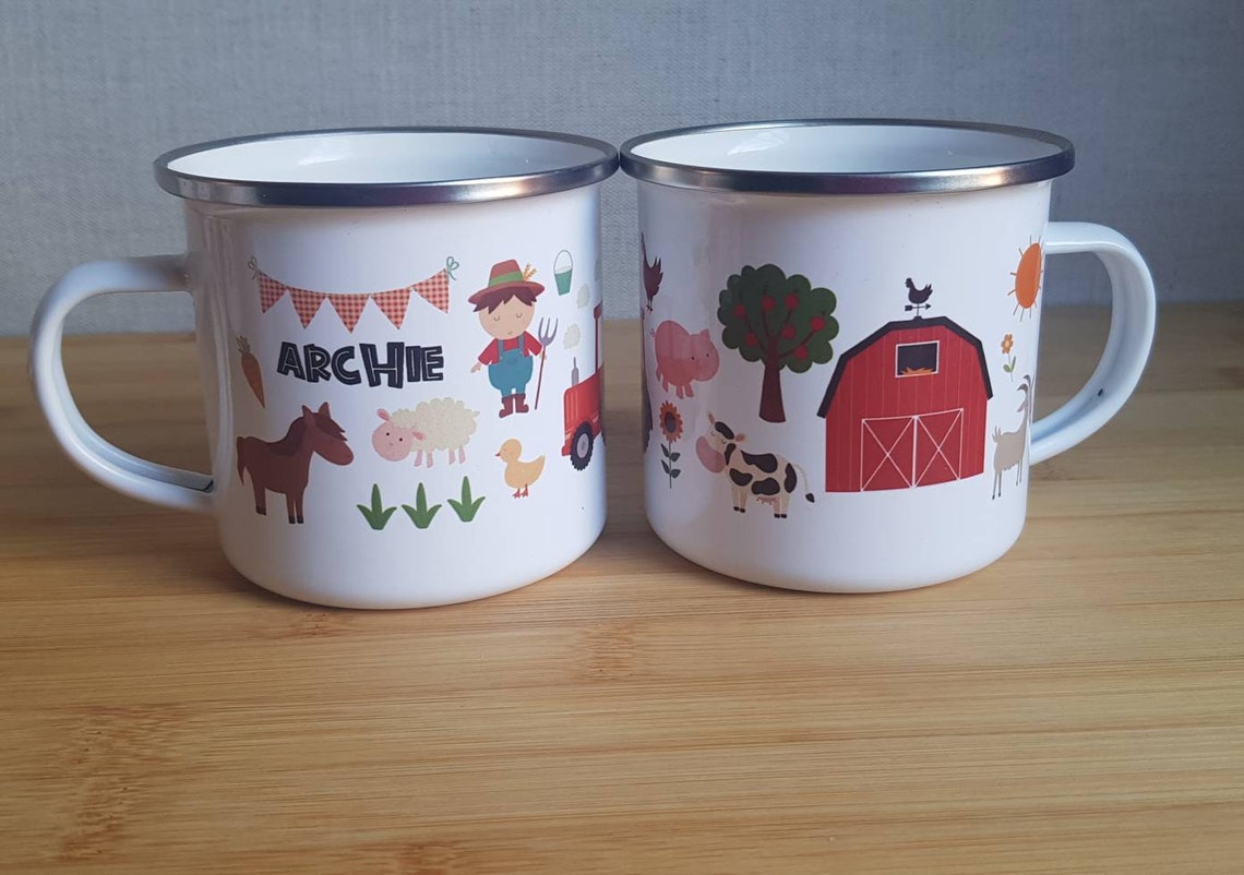 MUG Children's Enamel Metal Tin Cup - PERSONALISED Farmyard Fun Farm ...