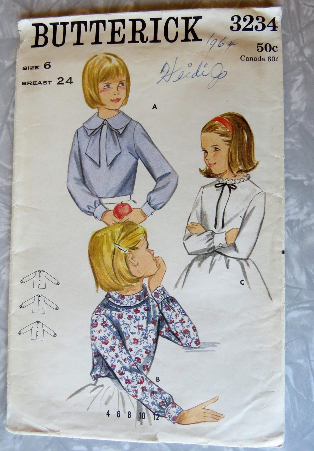 Original Butterick 3234 Child Blouses Long Sleeve Button Back Collar ...
