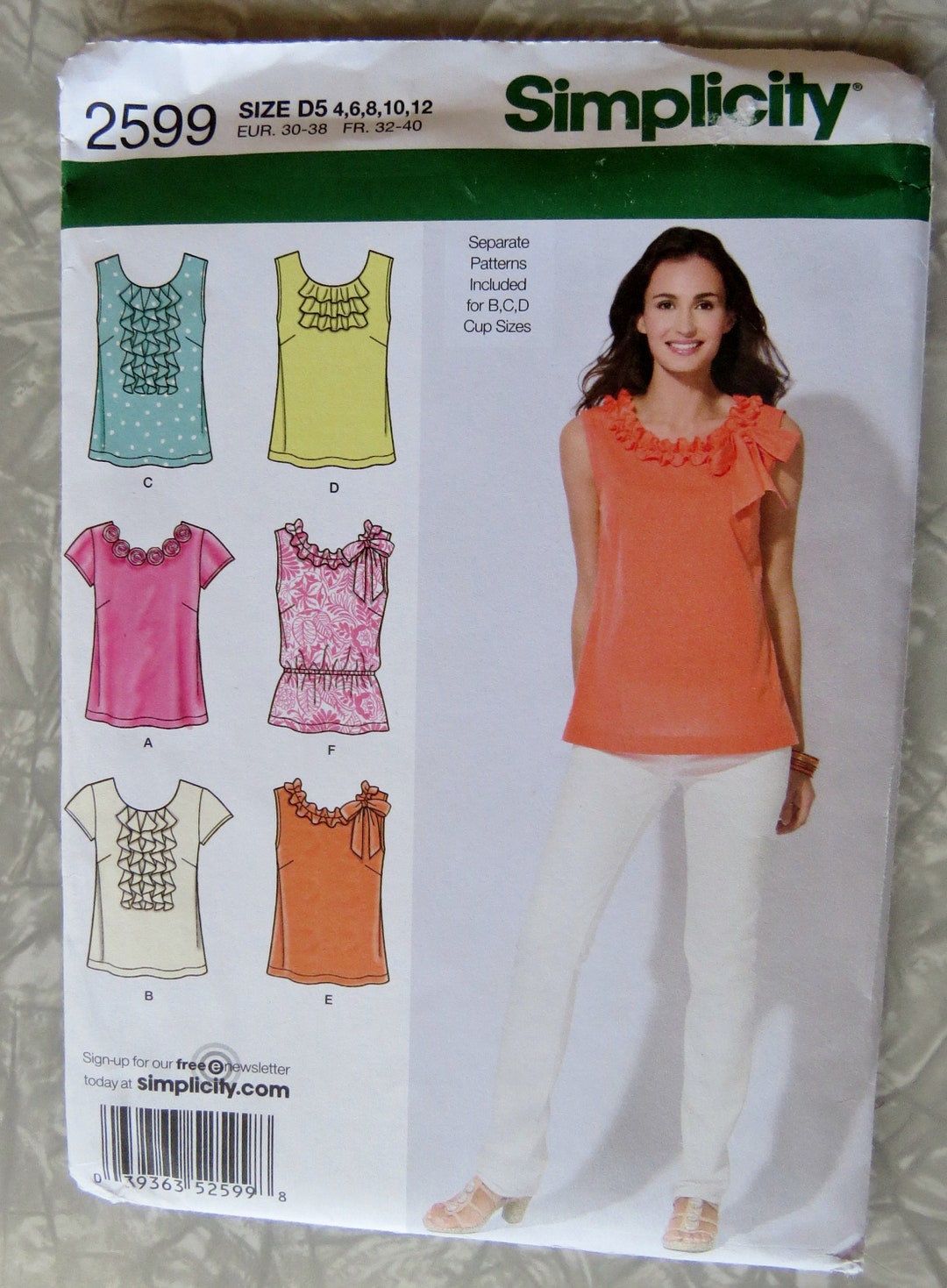 Simplicity 2599 Tops, Sleeveless and Cap Sleeves, Trim / Ruffle Options ...