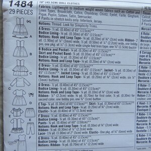 Simplicity Pattern 1484 18" Doll Clothes Clothing 2014 Variety of ...