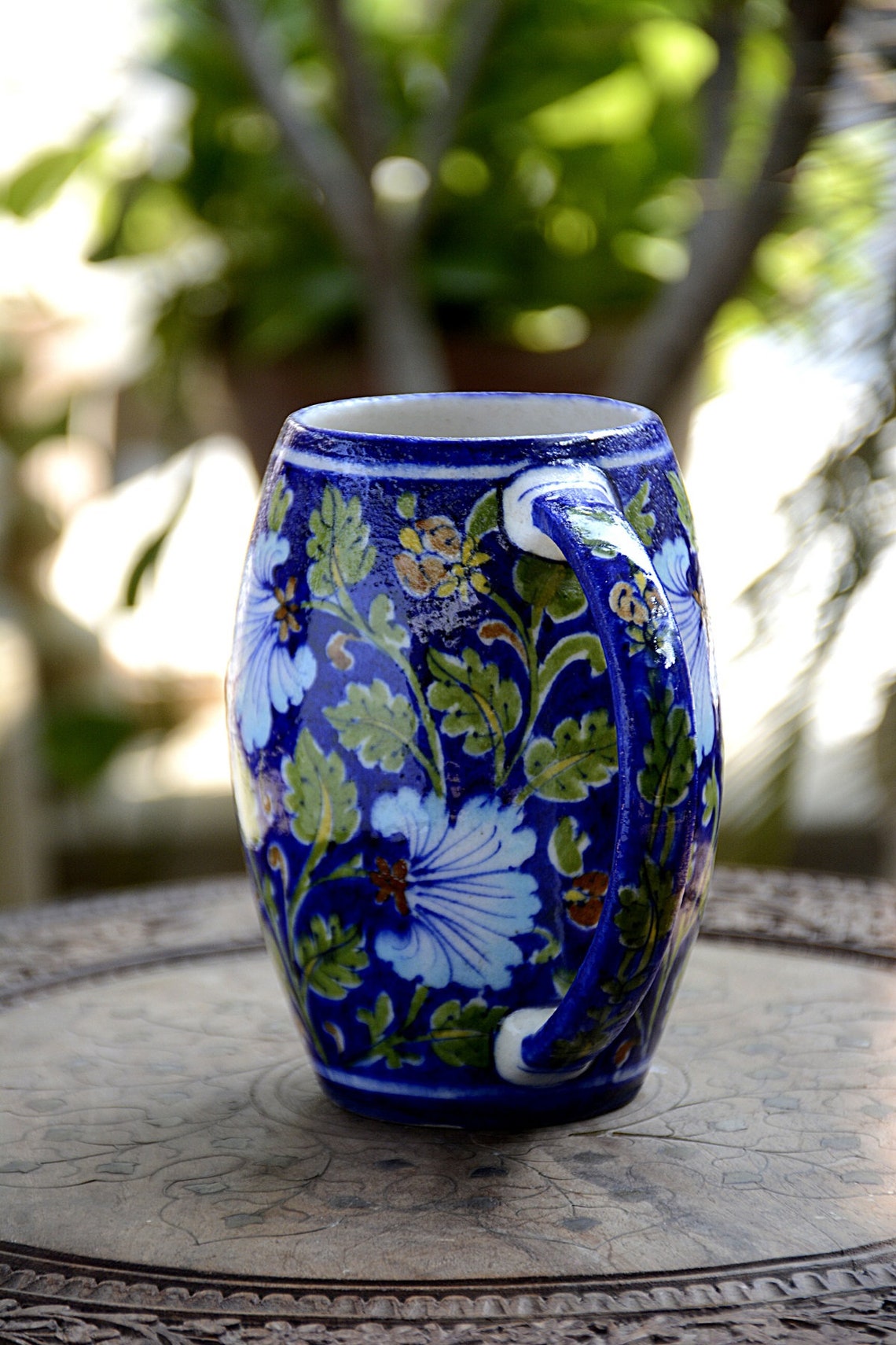 Blue Pottery Handmade Floral Design Beer Mug/beer Glass/ - Etsy