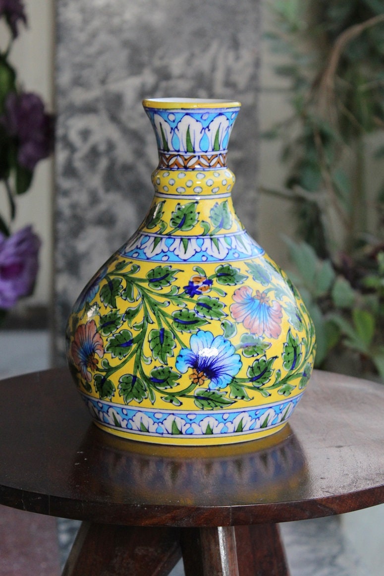 Handmade Blue Pottery Floral Pitcher Vase/ Flower Pot/ Decorative Vase ...