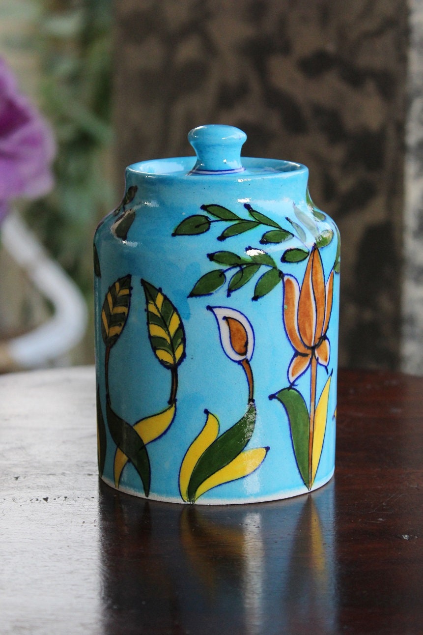 Yellow Blue Handpainted Blue Pottery Floral Leafy Sugar Jar - Etsy