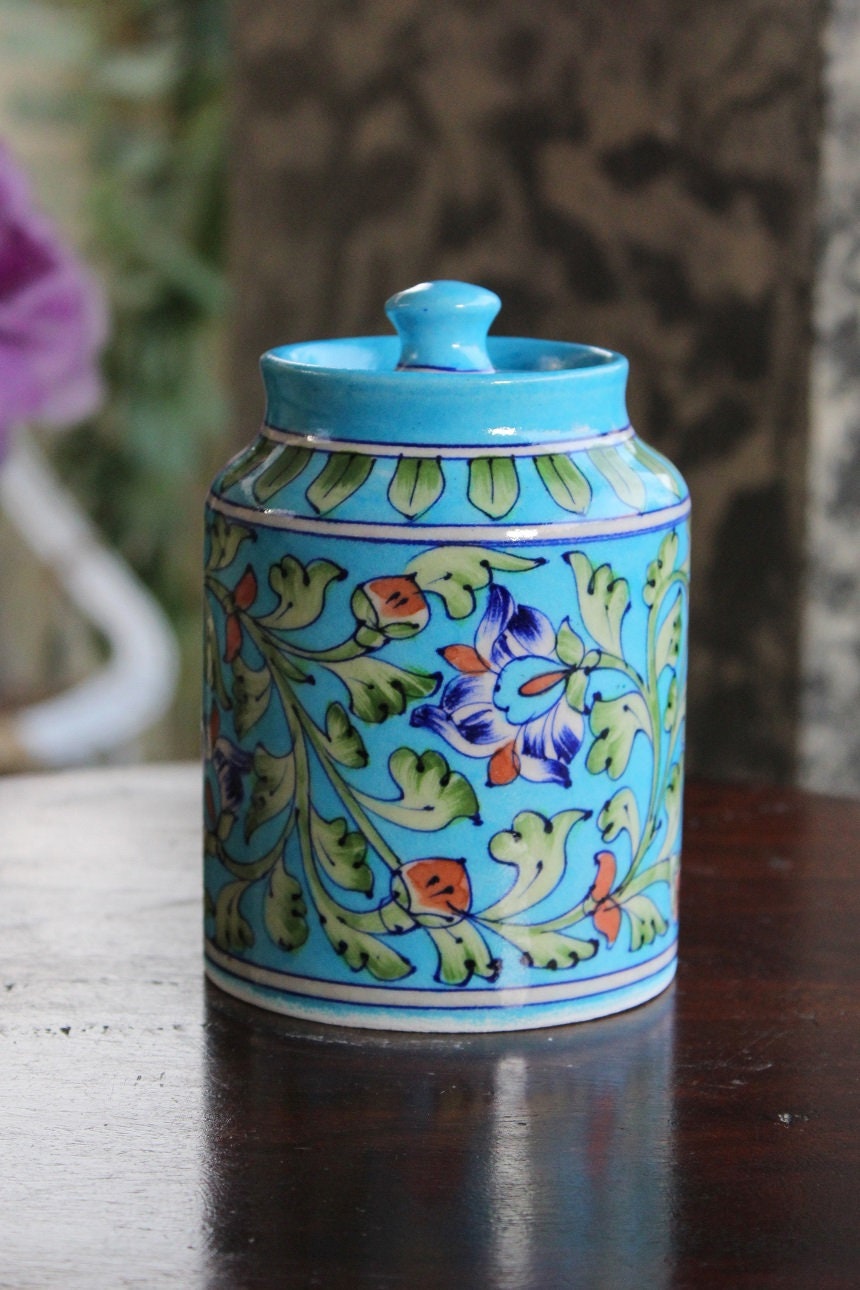 Yellow Blue Handpainted Blue Pottery Floral Leafy Sugar Jar - Etsy