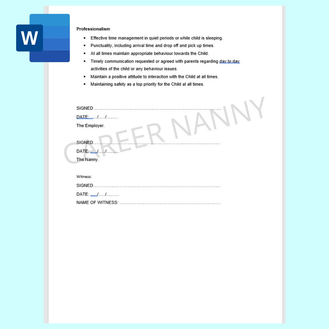 Nanny Contract; Digital Download; Microsoft Word; Nanny and Family ...