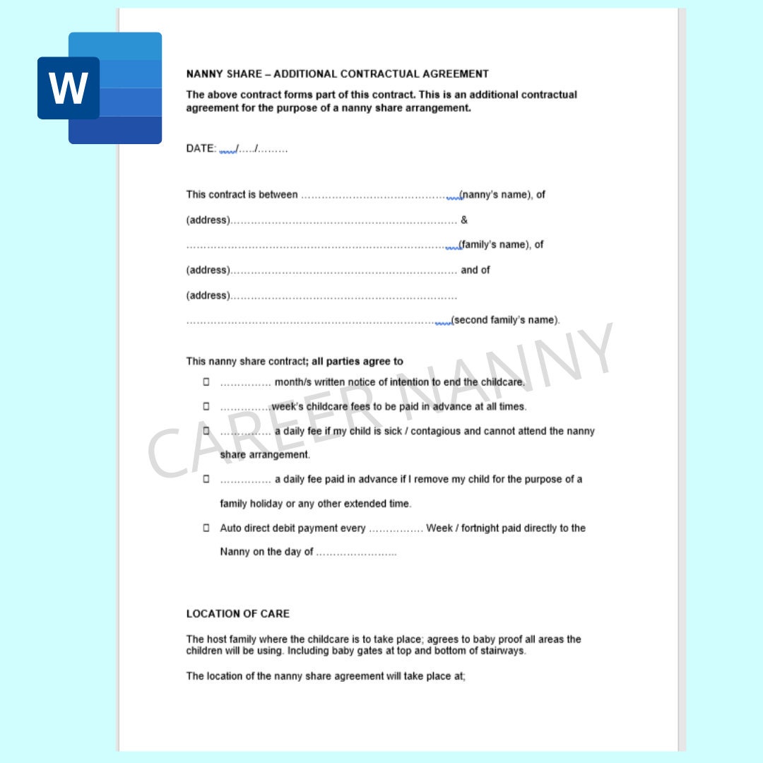 Nanny Contract; Digital Download; Microsoft Word; Nanny and Family ...