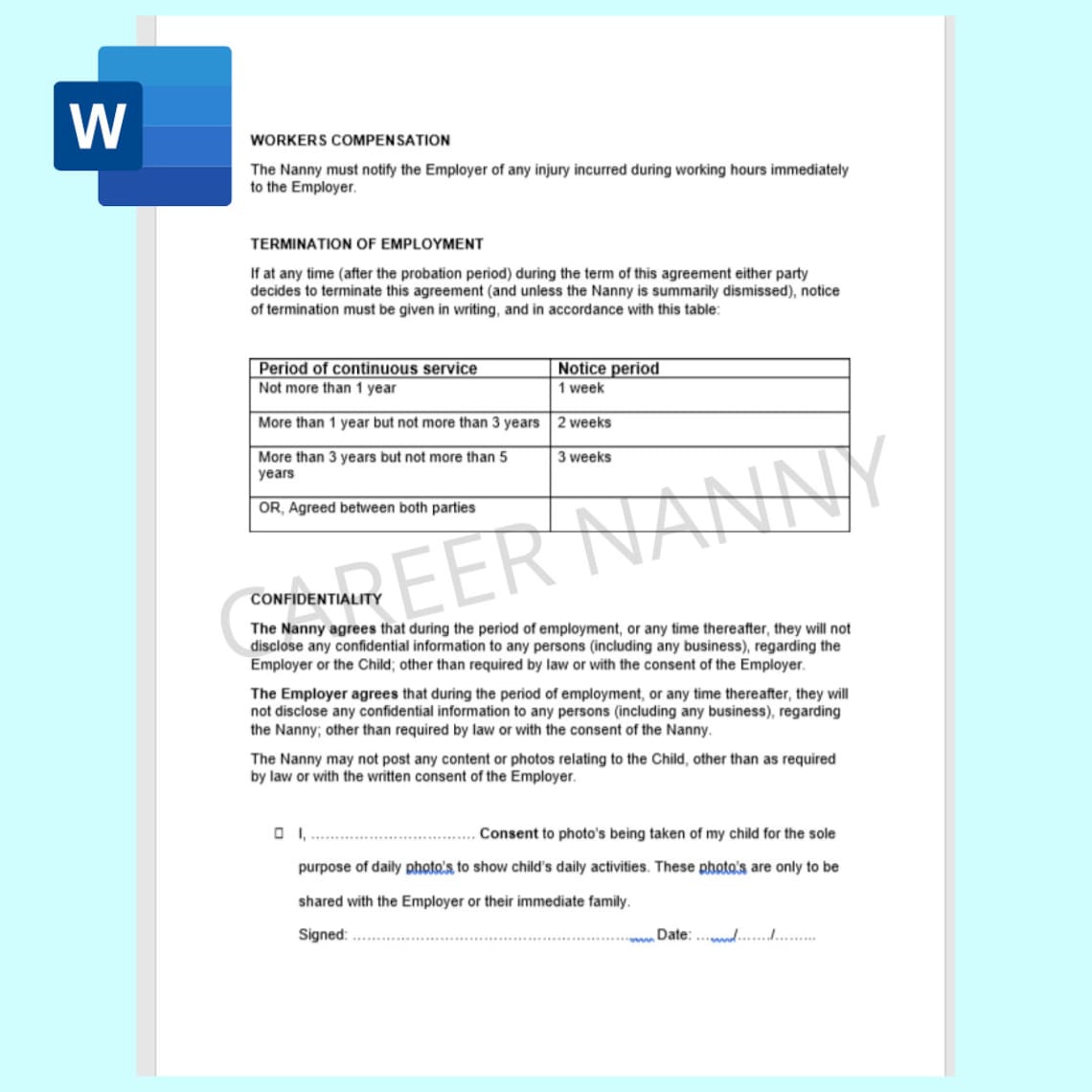Nanny Contract; Digital Download; Microsoft Word; Nanny and Family ...