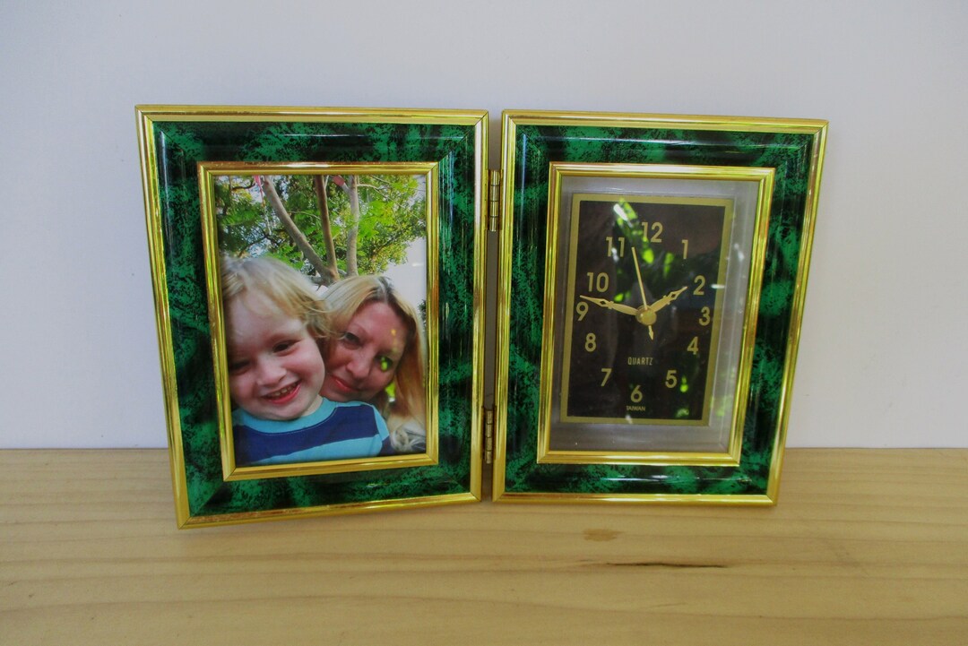 Table Standing Clock With Attached Picture Frame/4.5 X 3/gold Metal ...