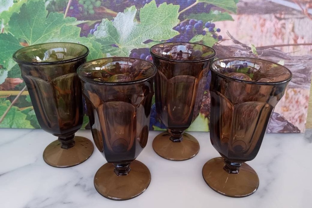 Vintageset of 4 Coffee Brown Glass ,goblets,old Williamsburg 12 Oz ...