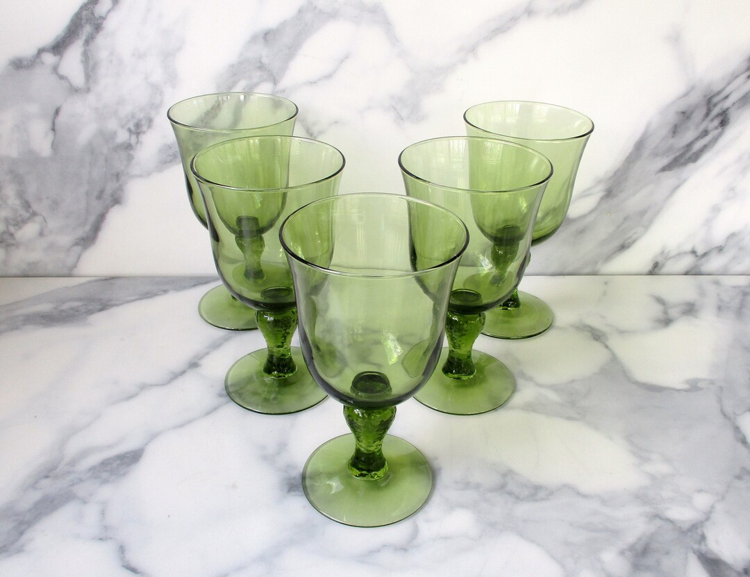Vintage Set of 5 Green Glass Goblets,14 Oz Water,beverages Goblets ...