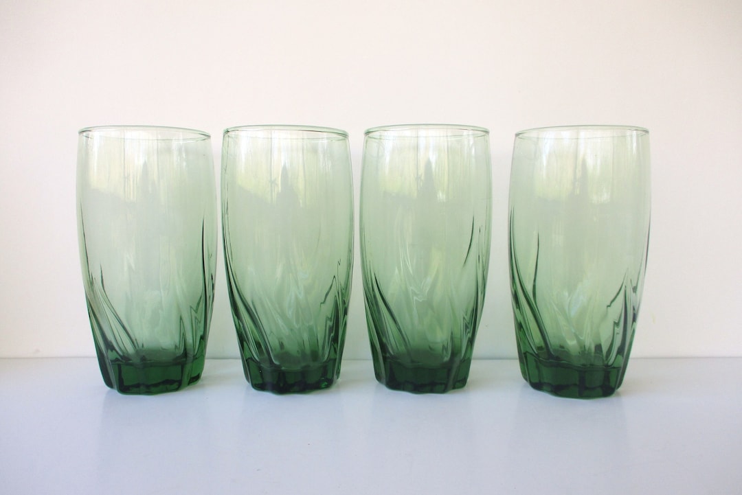 Vintage 4 Swirl Green Glass Drinking Glasses,12 Oz Avocado Green Water ...
