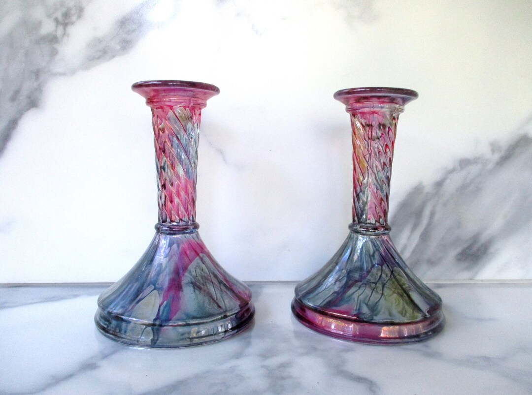 Vintage 2 Rueven Glass Iridescent Candle Sticks,6"h Candle Holders Made ...