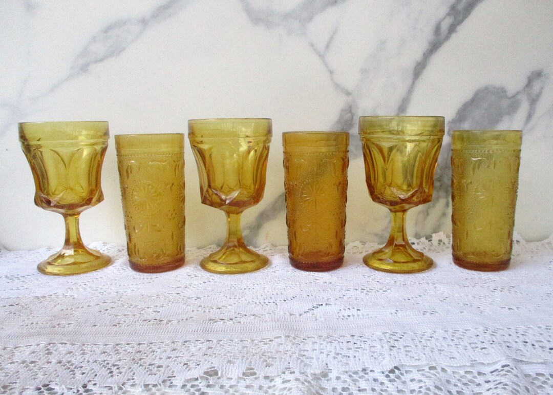 Vintage Amber Yellow Drinking Goblets,amber Colored Glasses Set of 6 ...
