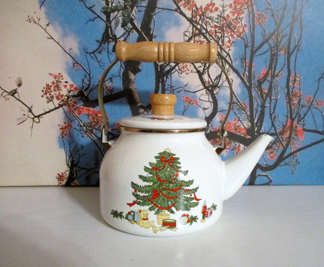 Vintage White Kettle With Wooden Collapsible Handle,tea Pot With ...