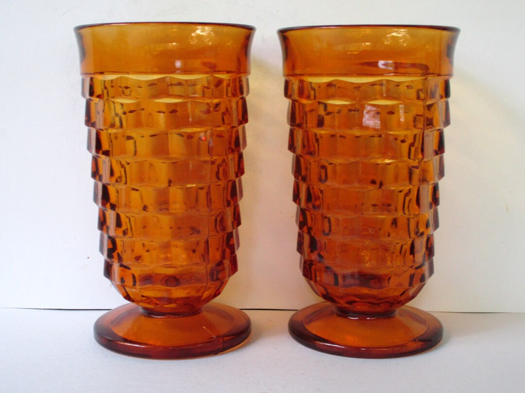 Vintage Amber Glass 2 Pedestal Beverages Glasses,12 Oz Indiana Glass ...