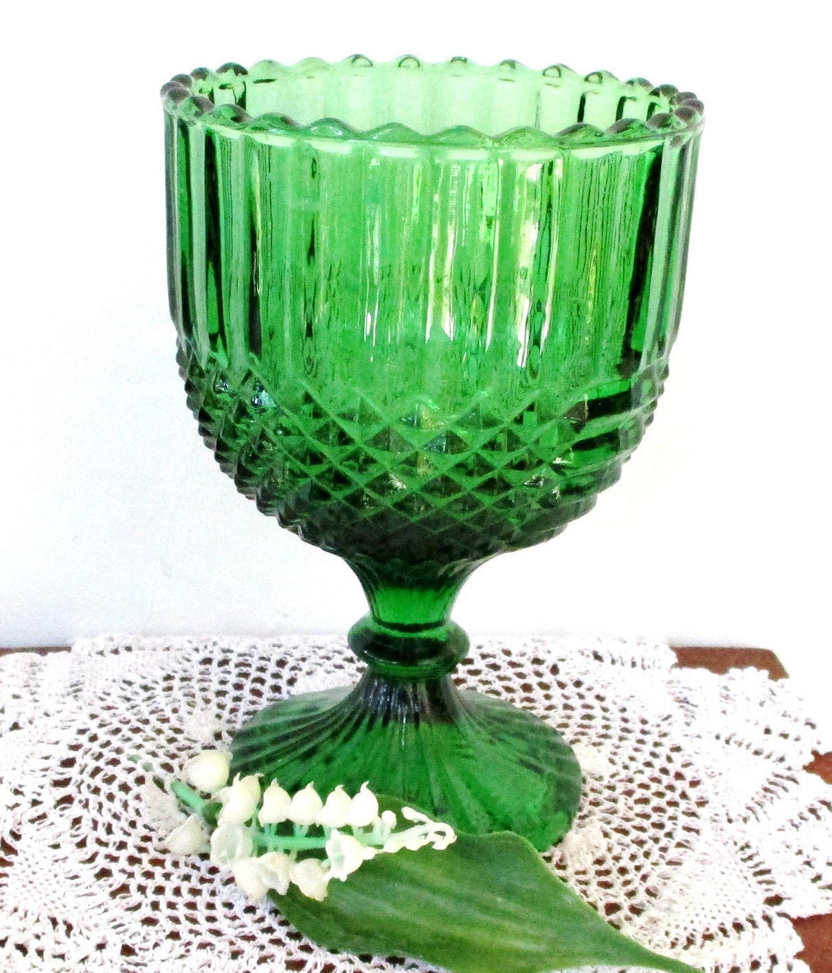 Vintage Green Glass Goblet Emerald Green Diamond Point Ribbed | Etsy