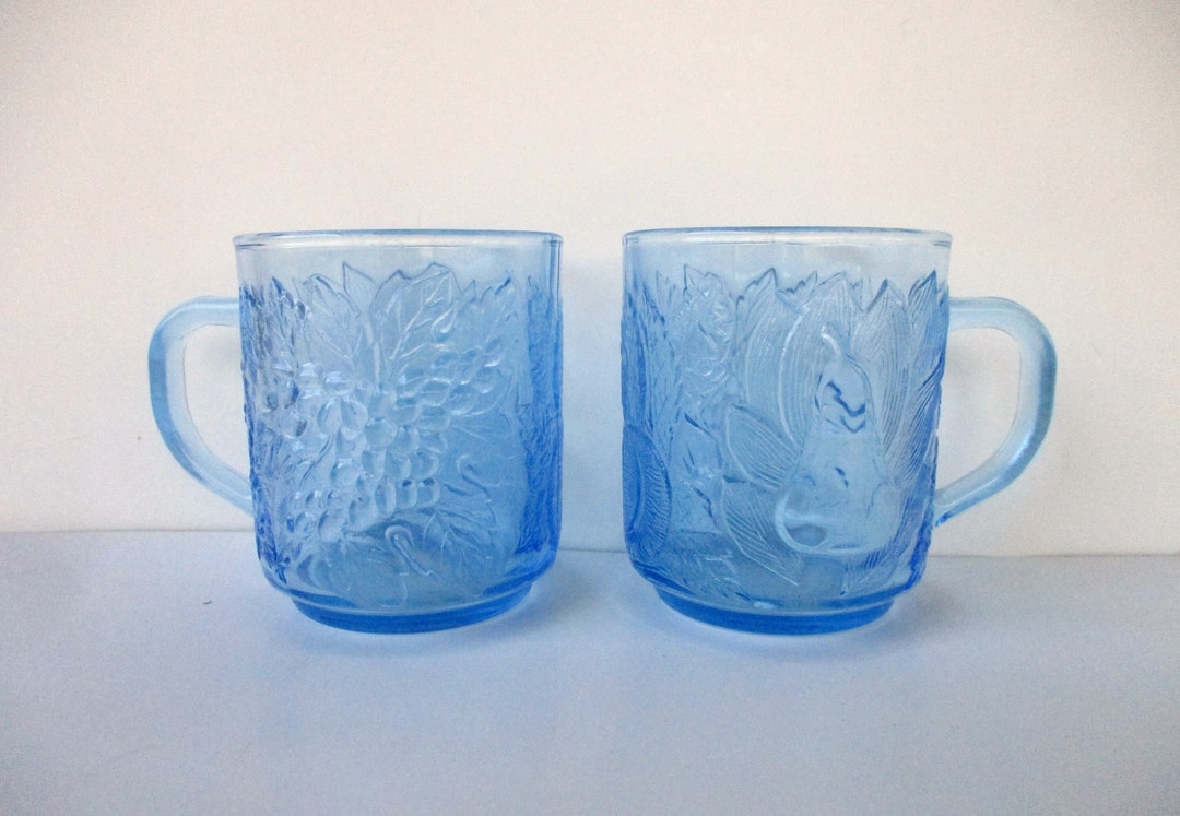 Vintage 2 Blue Glass Mugs,embossed Fruit, Light Blue Mugs,8 Oz Coffee ...