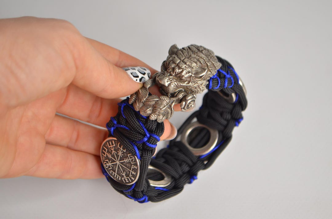 Men's Paracord Survival Bracelet, Tiger Head Rune Design, Tactical ...