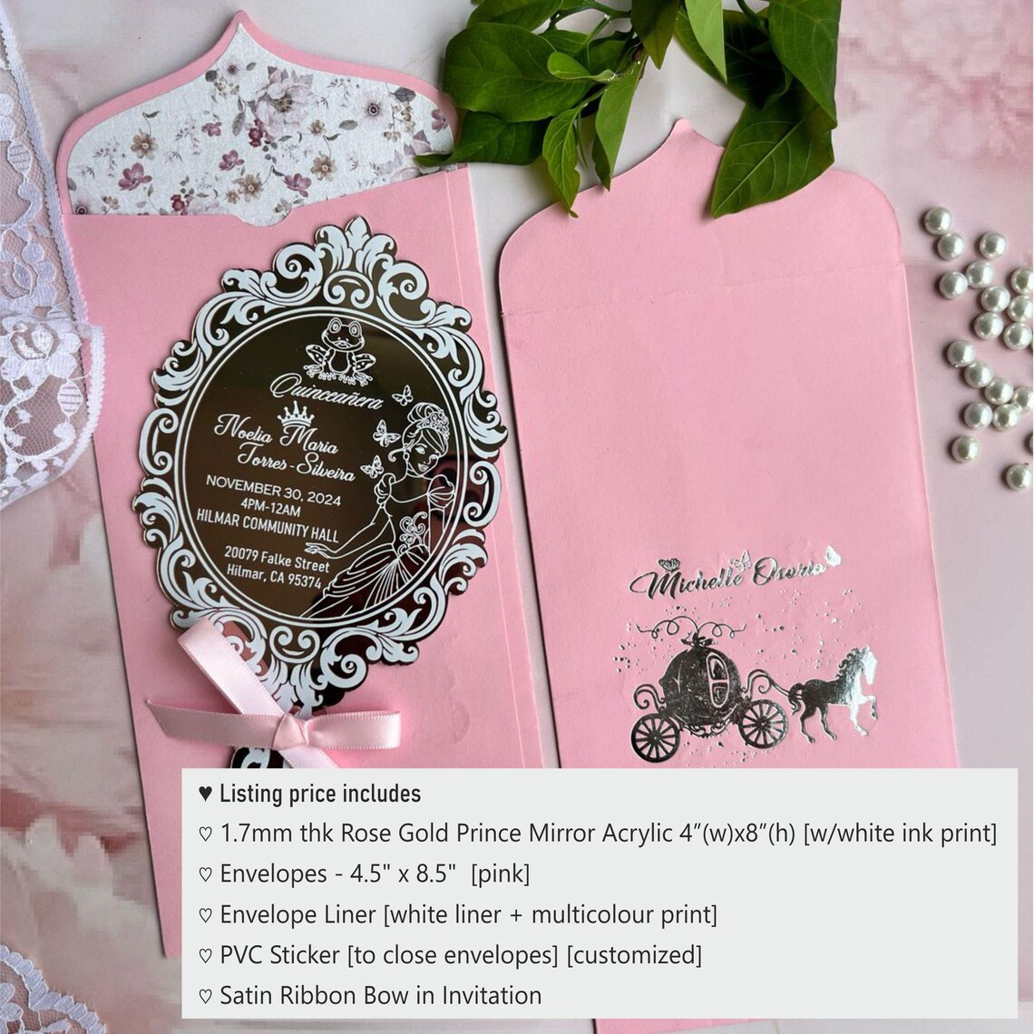 Prince Mirror Acrylic Invitation With Luxury Baby Pink Envelope | Crown ...