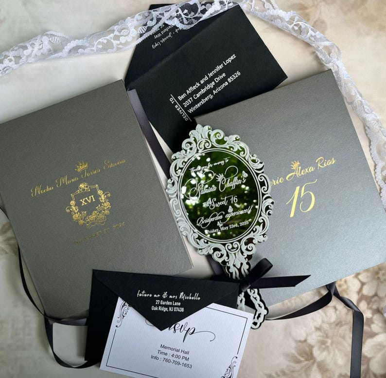 Quinceañera Invitation With Grey Boxes & Silver Mirror Acrylic Invites ...