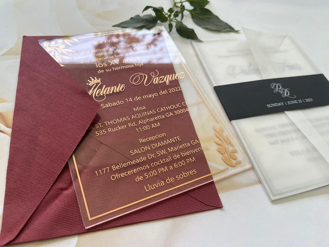 Clear Acrylic Invitation With Envelope | Elegant Invitations and Maroon ...