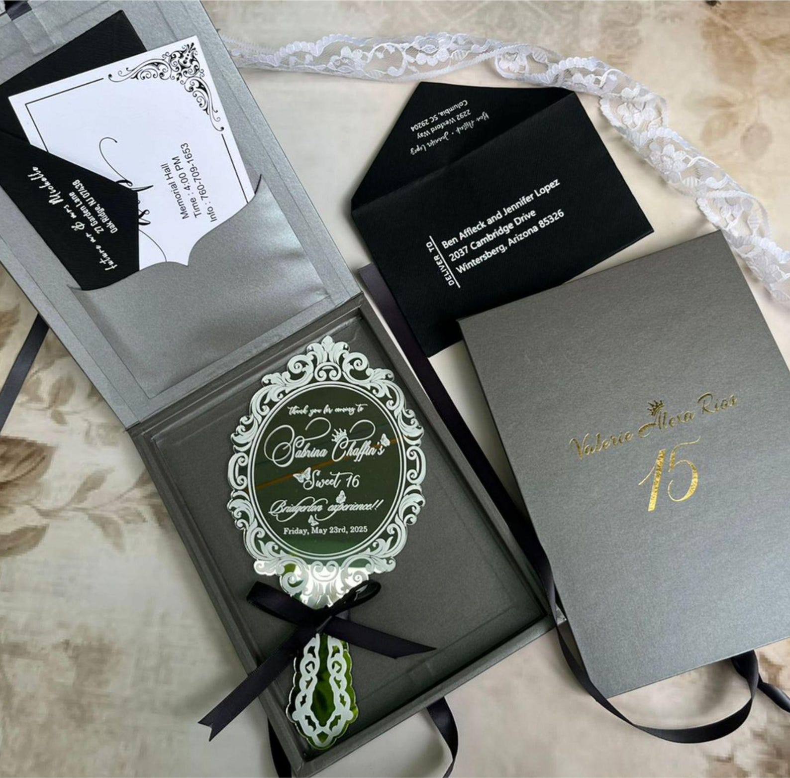 Quinceañera Invitation With Grey Boxes & Silver Mirror Acrylic Invites ...