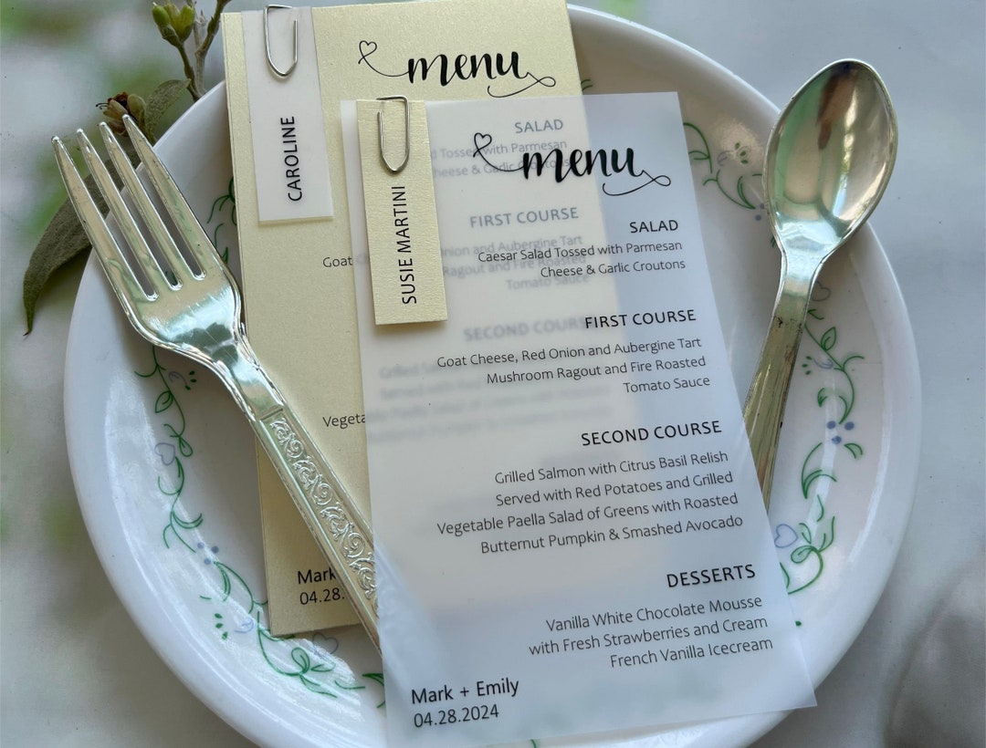 Formal Wedding Menu Card With Luxe Fonts | 3.5"x6" Menus With Vellum ...