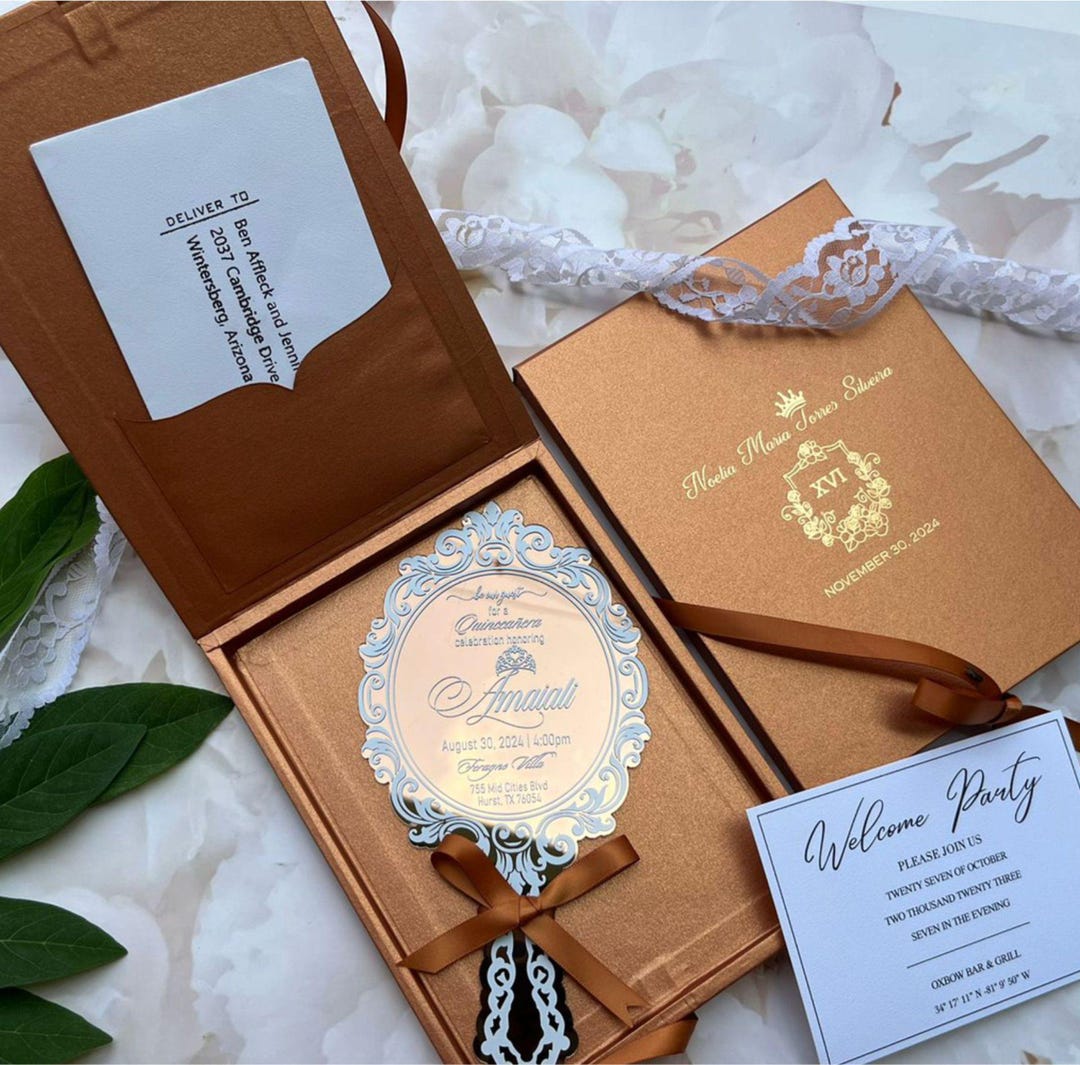 Metallic Copper Boxed Wedding Invitation: Gold Mirror Acrylic Party Set ...