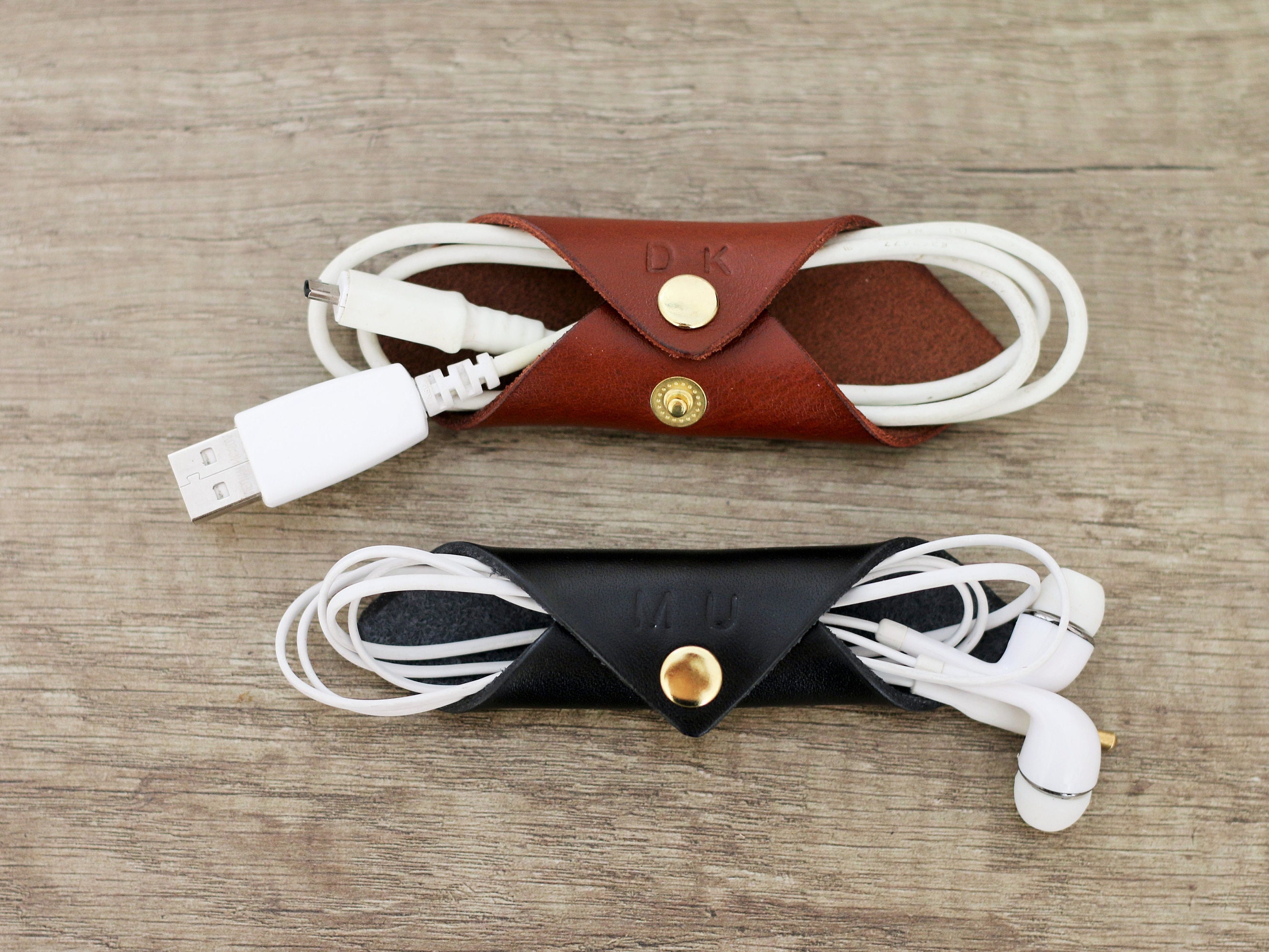 Personalized Leather Headphone Cable Holder With Two Snap Full ...