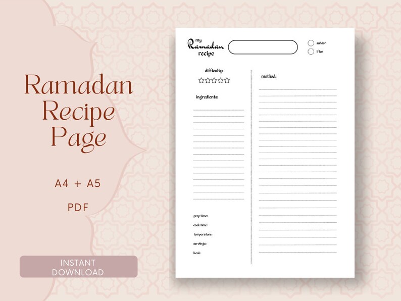 Ramadan Recipe Card Printable Recipe Page - Etsy