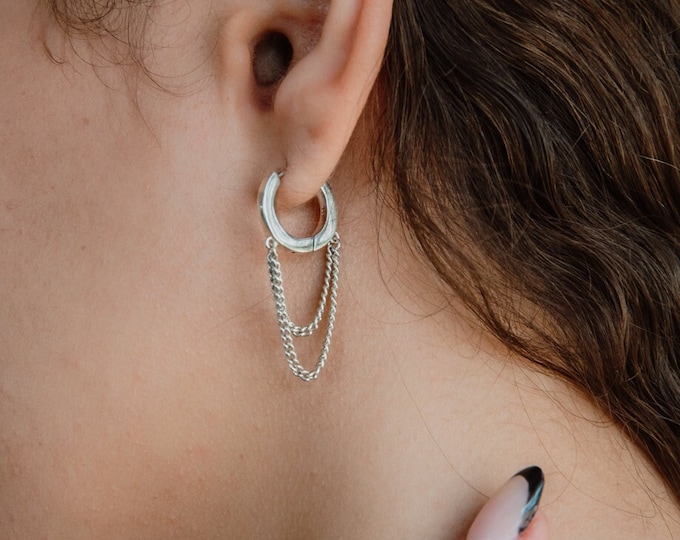 Chained Silver Hoop Earrings/ Huggie Hoops Double Chains/ Hoop Chain ...