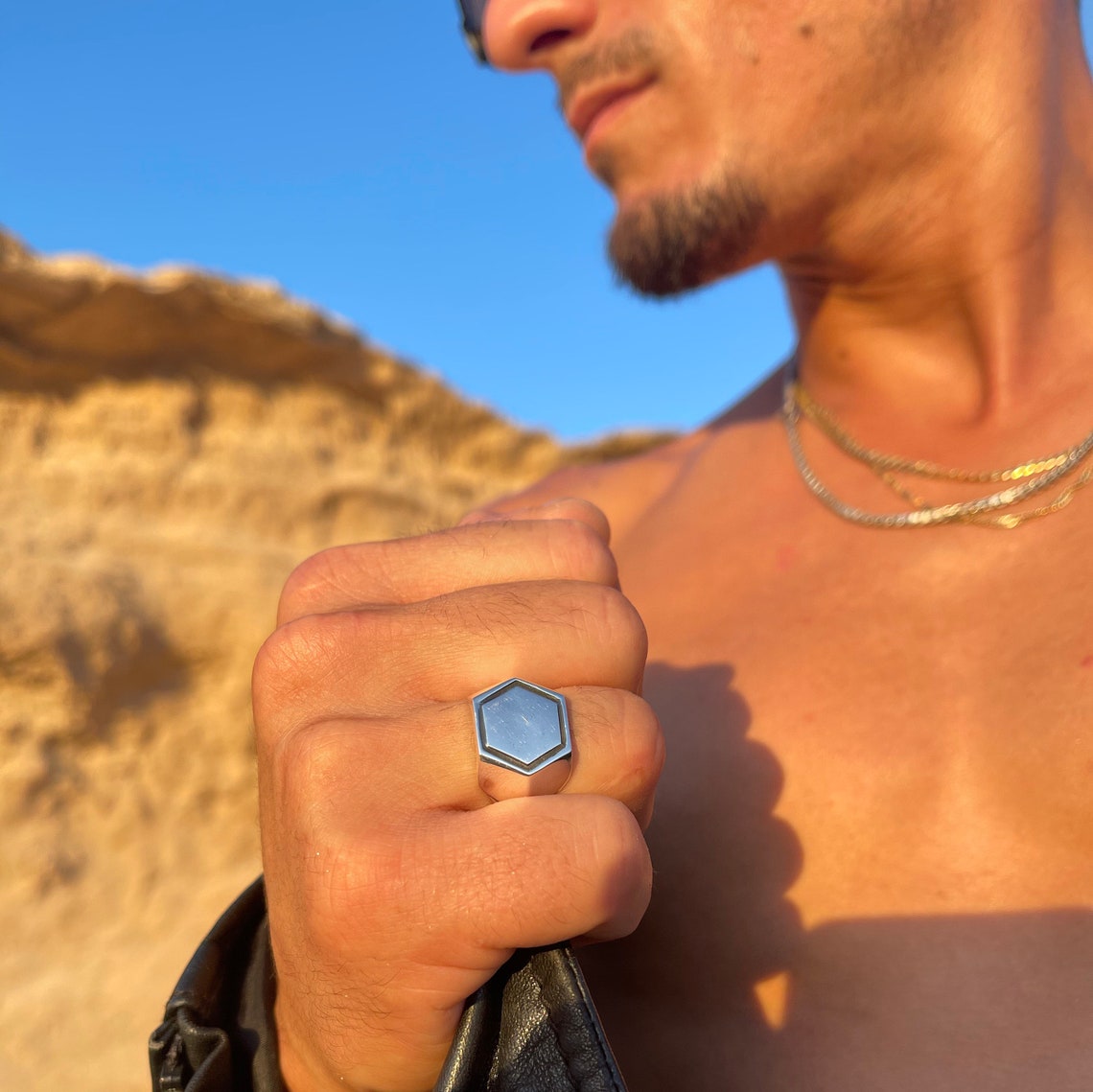Hexagon Ring Men/ Hexagon Signet Ring/ Mens Hexagon Ring/ Hexagonal ...