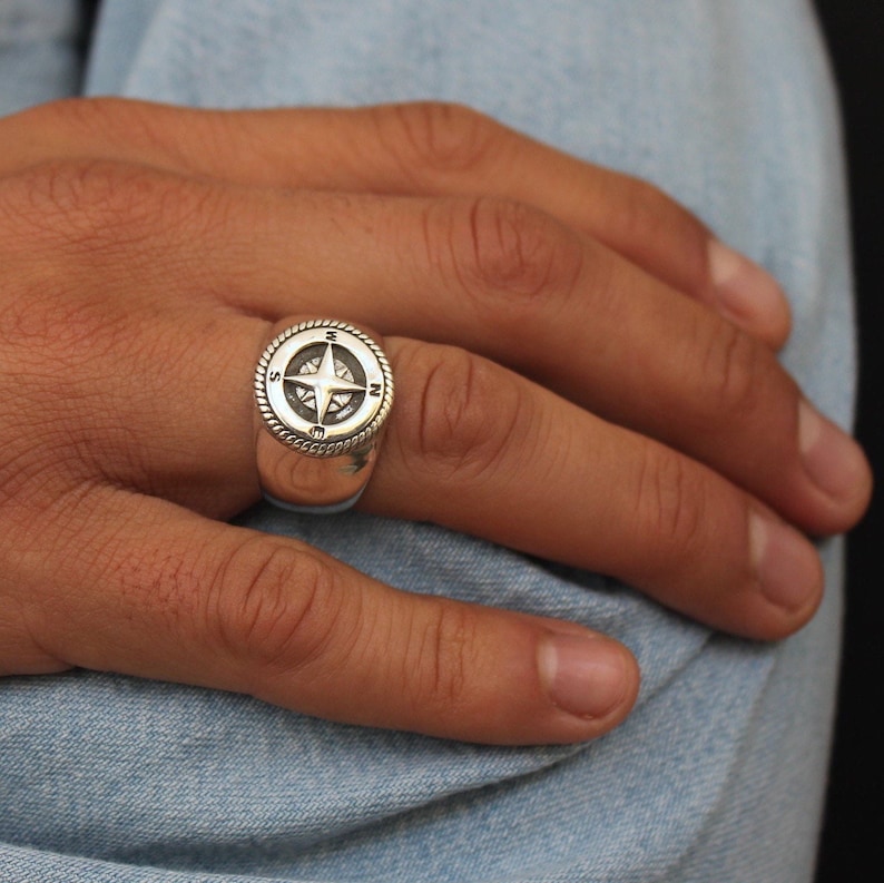 Compass Ring/ Compass Ring Men/ Silver Compass Signet Ring/ Compass ...