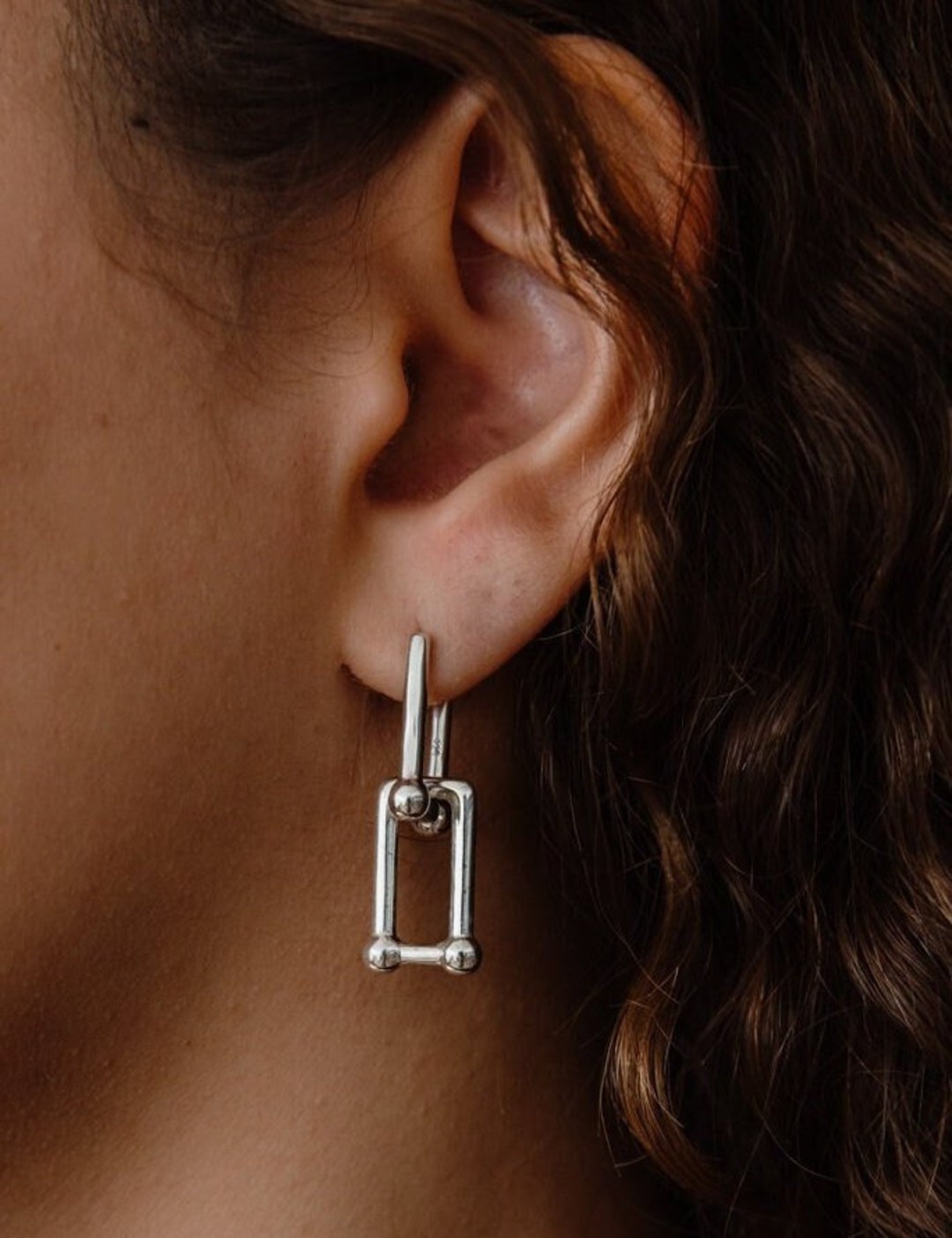 U Ball Link Earrings/ U Ball Silver Earrings/ Silver U Shaped Hoops/ U ...