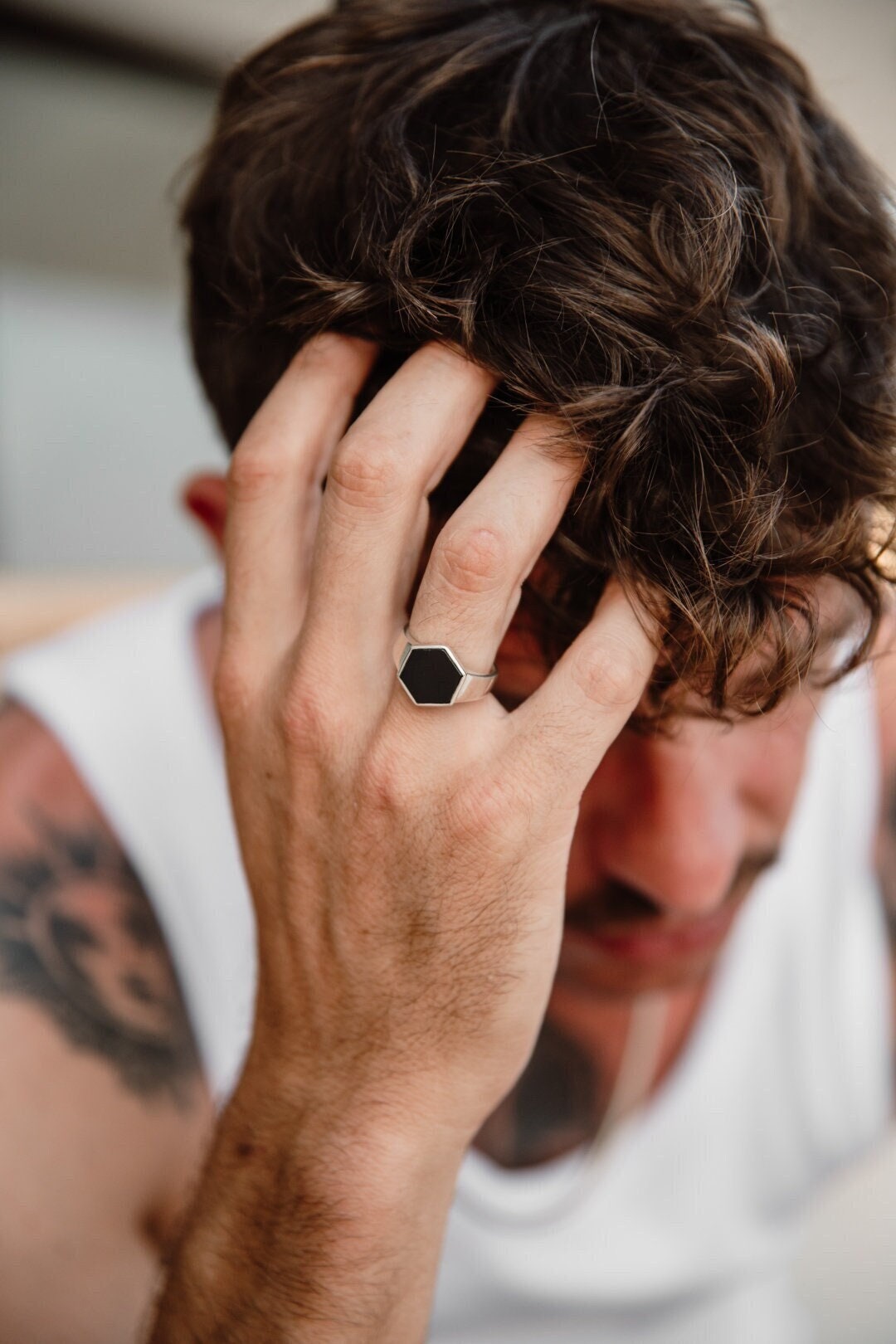 Onyx Ring Men Hexagon/ Onyx Hexagon Ring Silver/ Hexagon Ring Onyx ...
