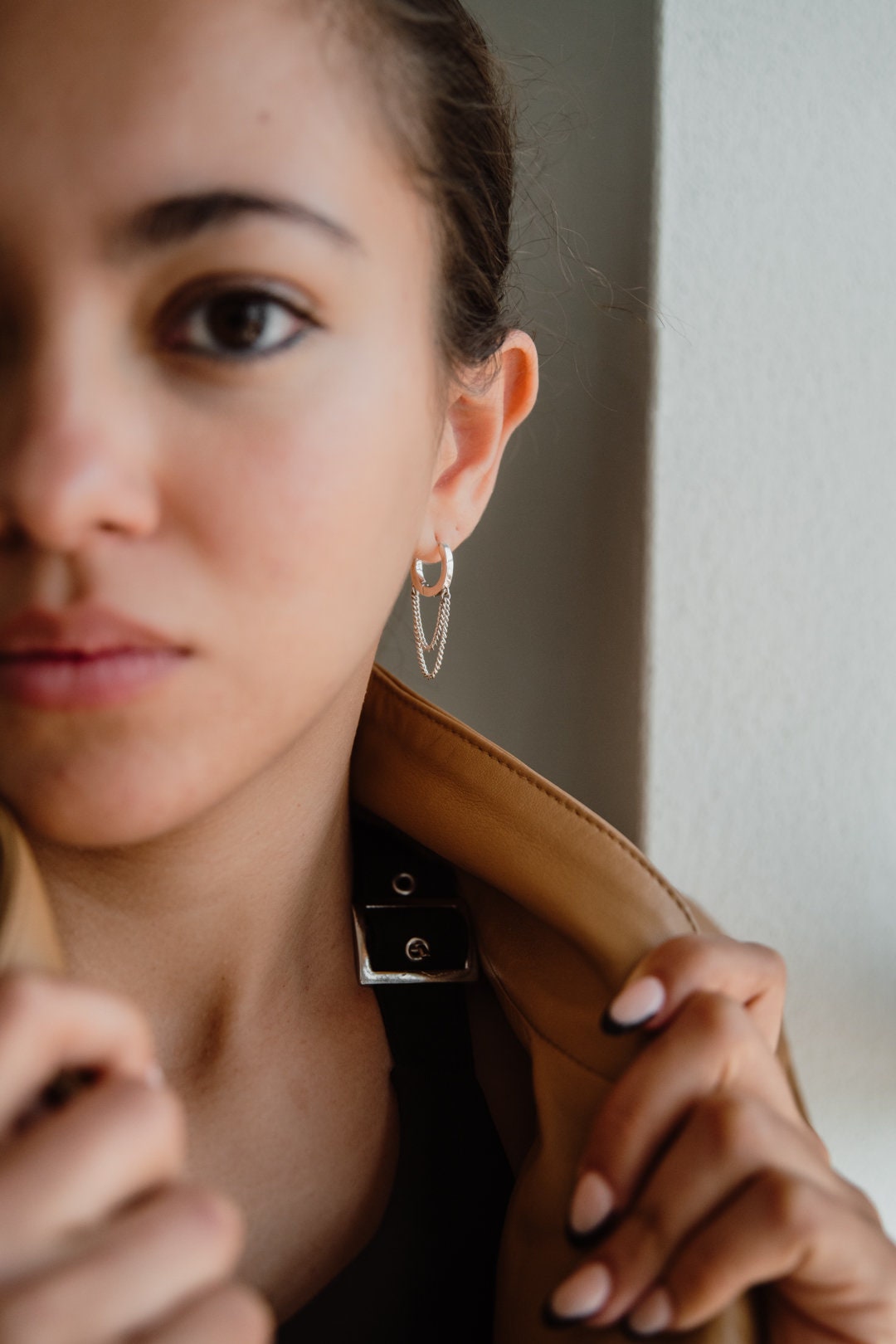 Chained Silver Hoop Earrings/ Huggie Hoops Double Chains/ Hoop Chain ...