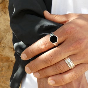 Onyx Hexagon Ring/ Hexagon Ring Men/ Onyx Hexagon Signet/ Onyx Silver ...