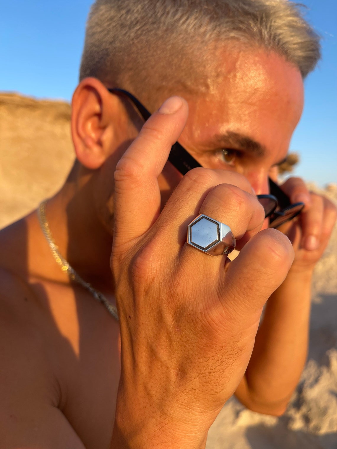 Hexagon Ring Men/ Hexagon Signet Ring/ Mens Hexagon Ring/ Hexagonal ...