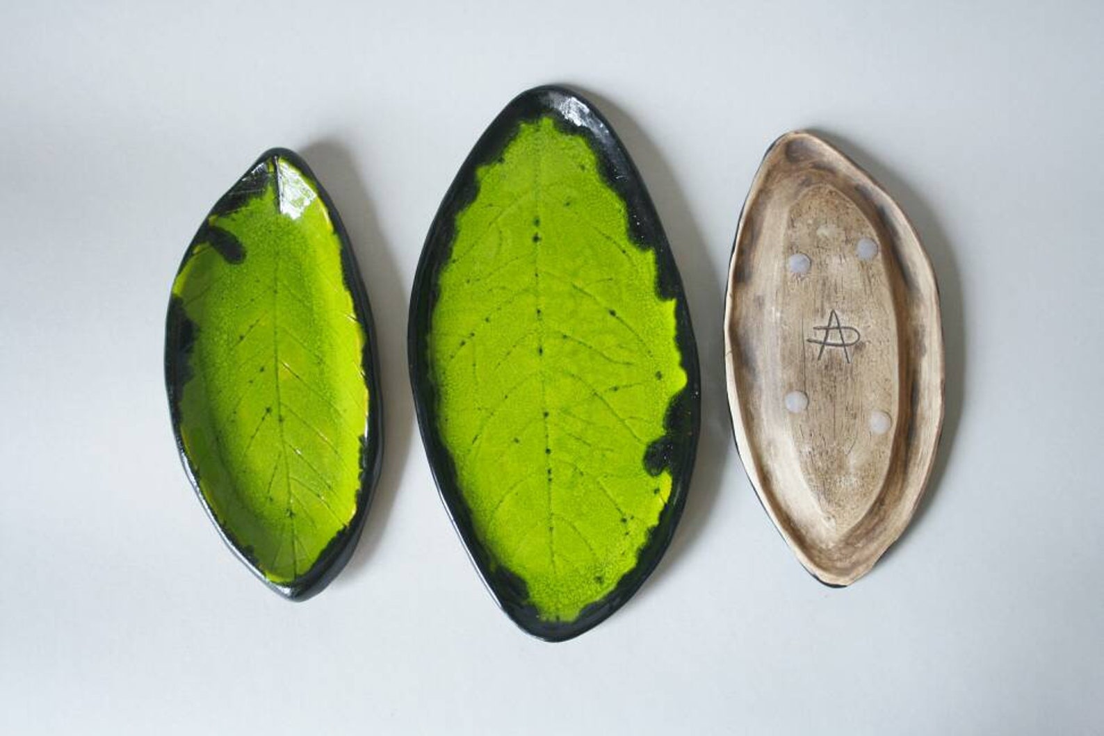 Set of 3 Ceramic Leaf Green Plates, Leafes Pottery Plates, Handmade ...